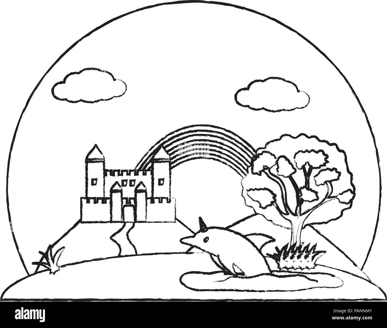 grunge castle palace with rainbow and dolphin landscape Stock Vector ...