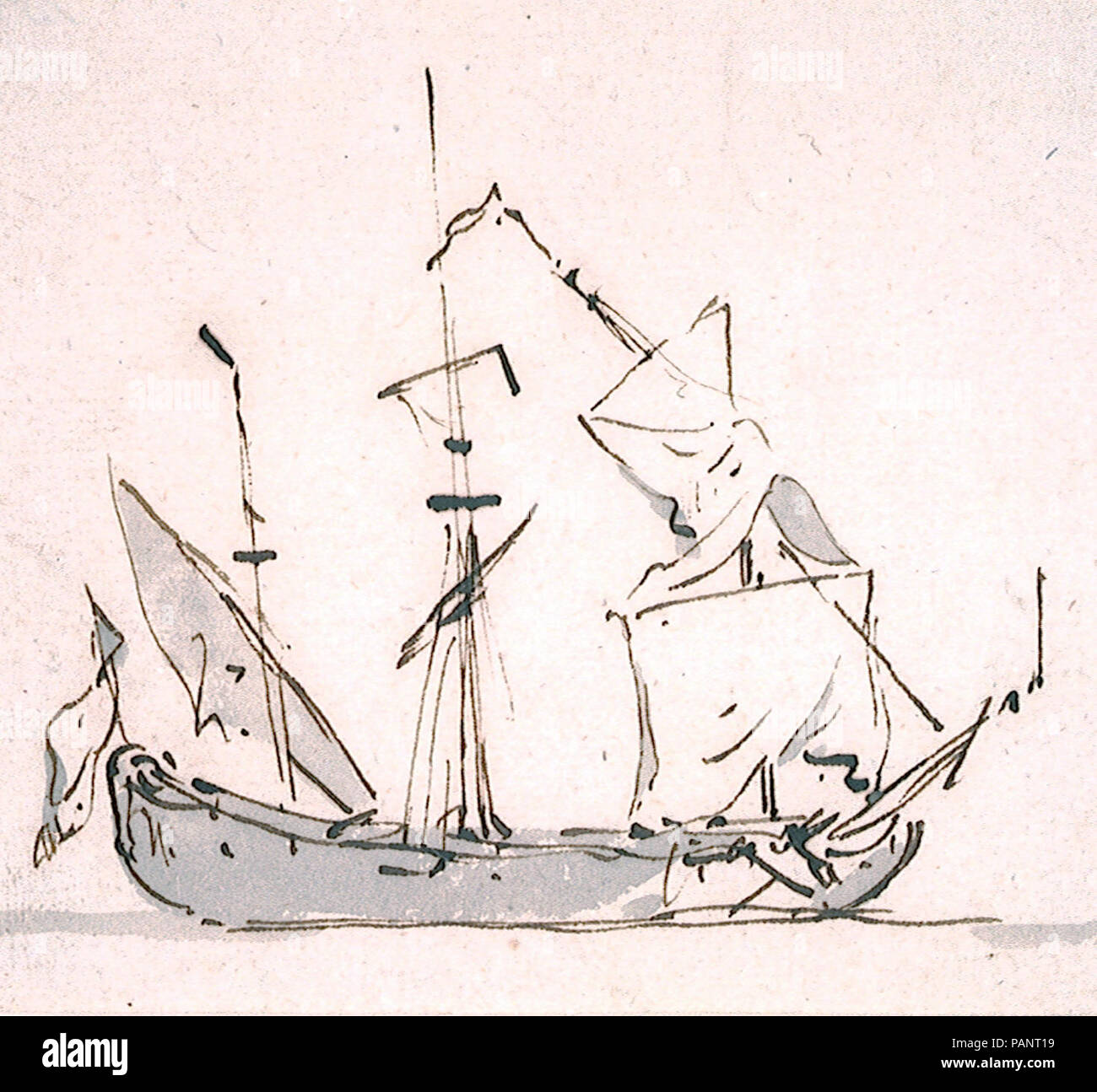 A ship in a light wind with her fore topmast going by the board Stock ...