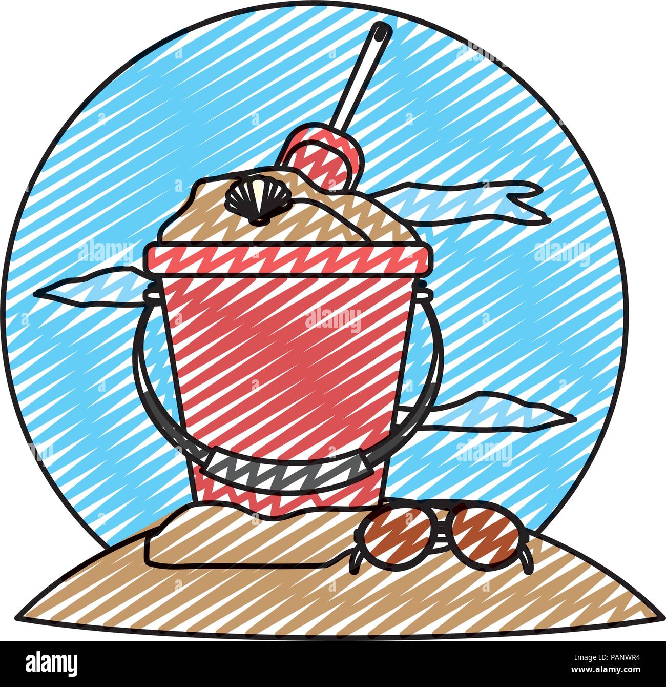 doodle sand bucket with shovel toy and sunglasses Stock Vector Image ...