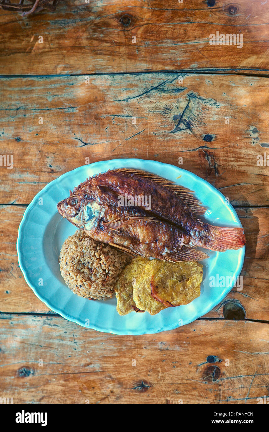 Traditional Colombian Mojarra Frita with patacones, fried plantain, and ...