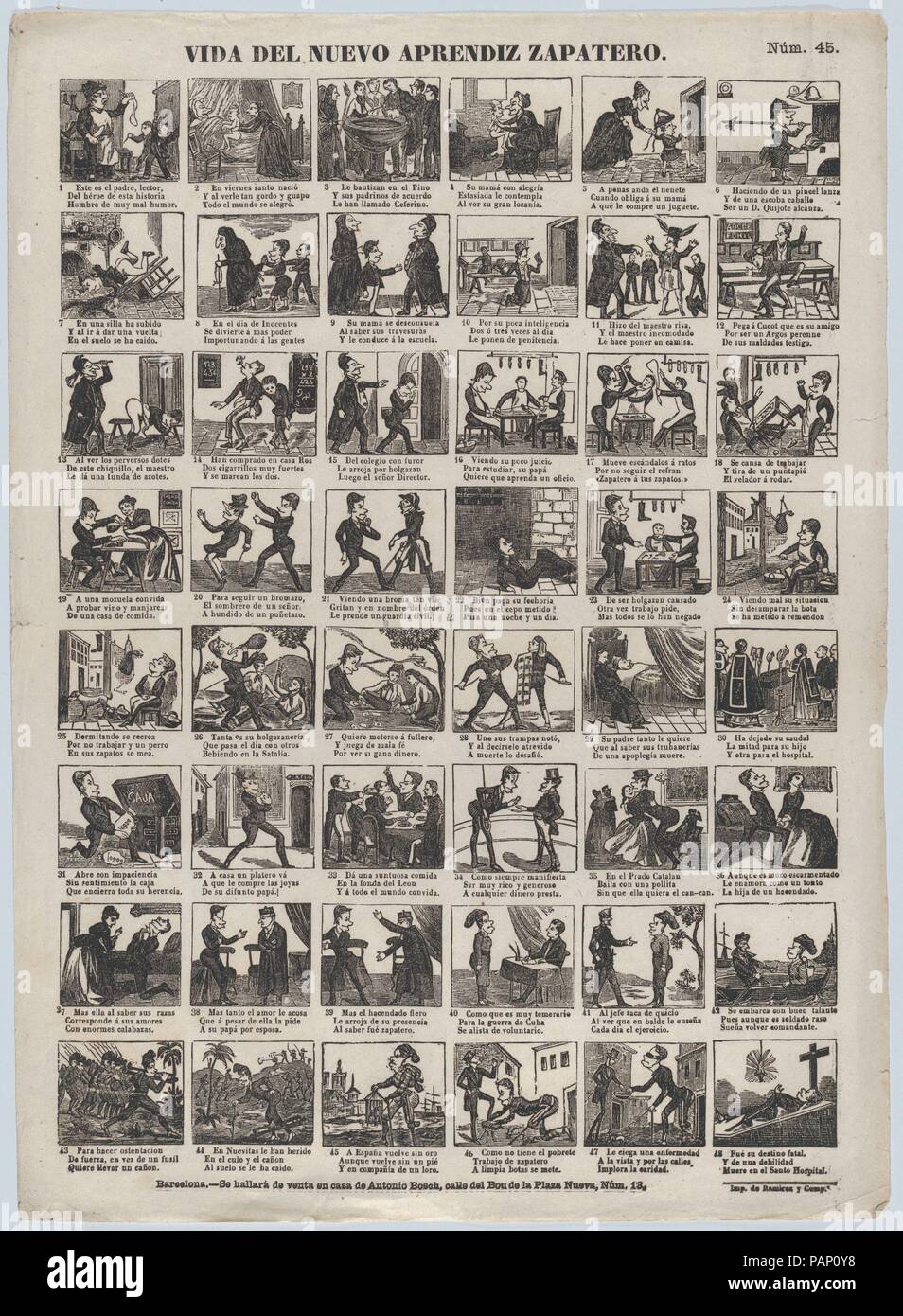 Broadside with 48 scenes relating to life of the apprentice shoemaker ...