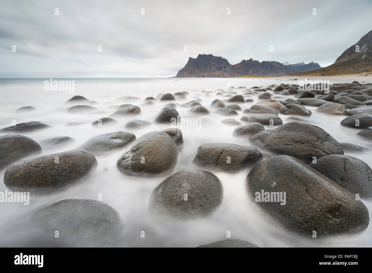 Norway, Lofoten, Vareid, Flakstad, Utakleiv, stones at beach Stock ...