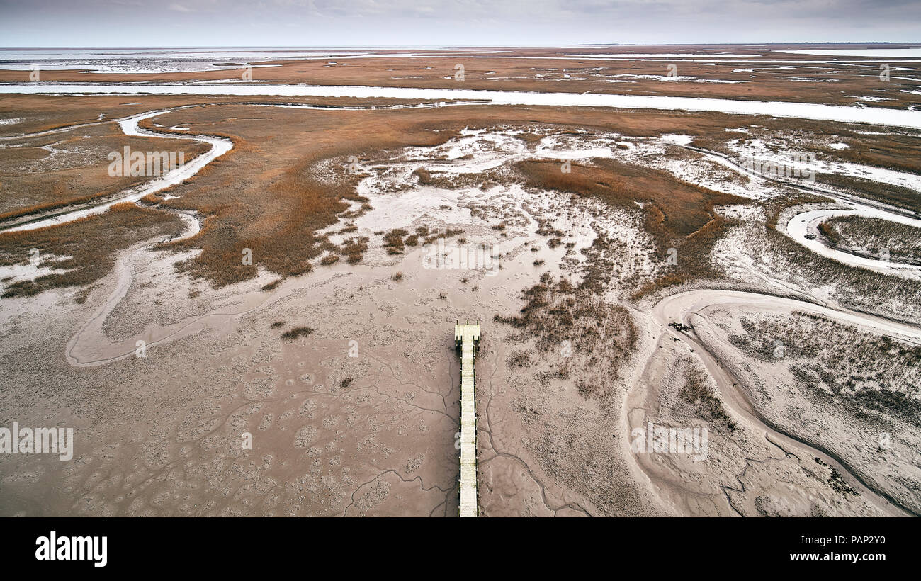 USA, Virginia, Aerial view of Virginia Coast Reserve, pier, marsh along ...