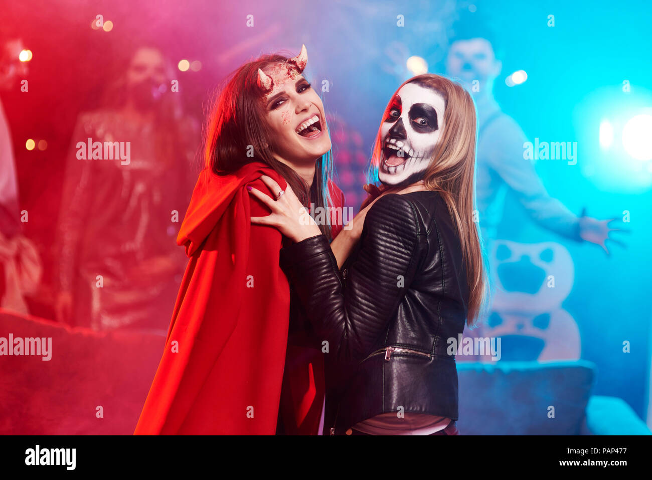 Women In Creepy Costumes Dancing At Halloween Party Stock Photo Alamy