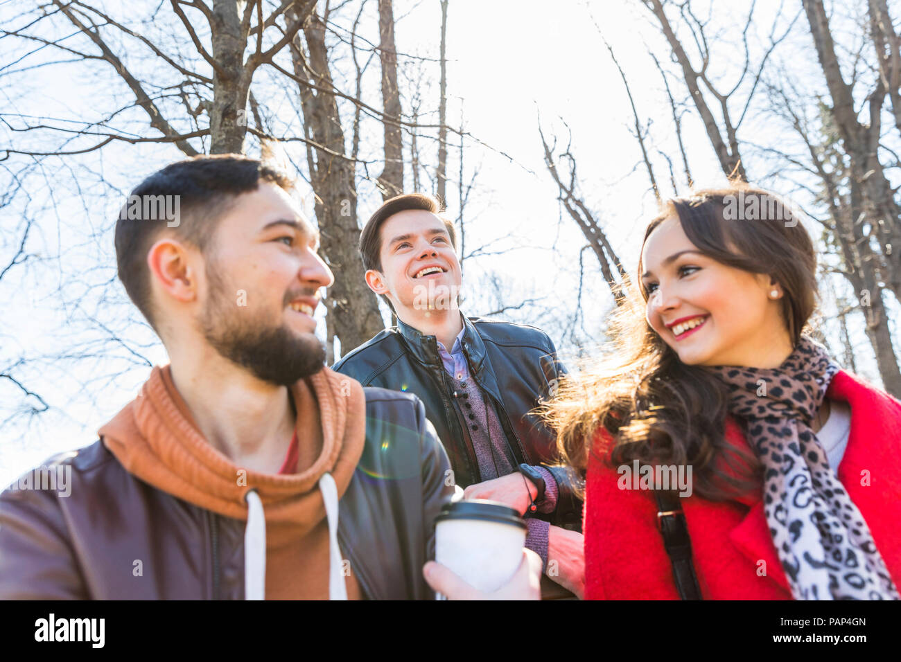 Russia, Moscow, group of friends at park, having fun together, drinking ...
