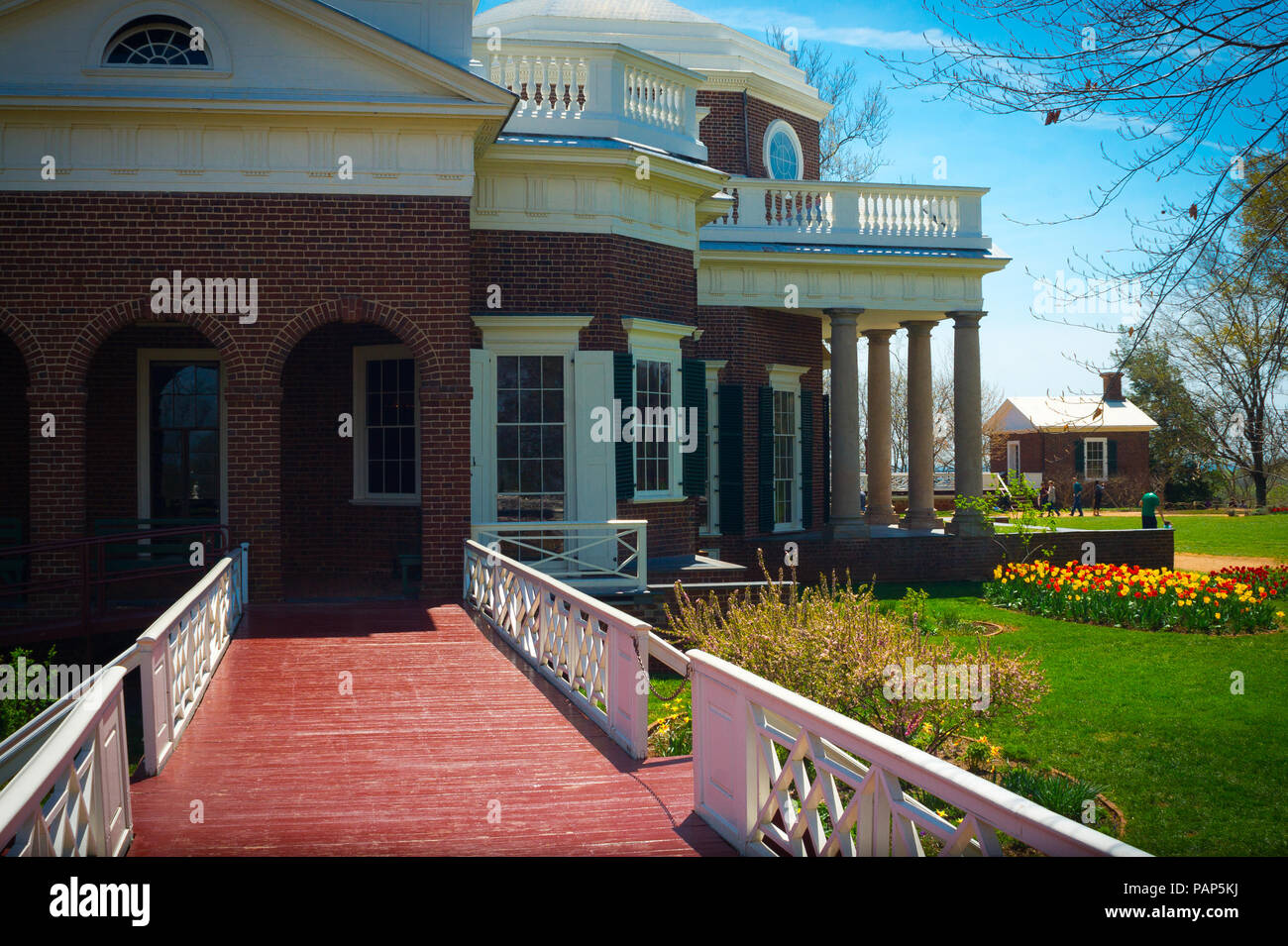 Wooden walkway and exterior of Thomas Jefferson's Monticello home ...