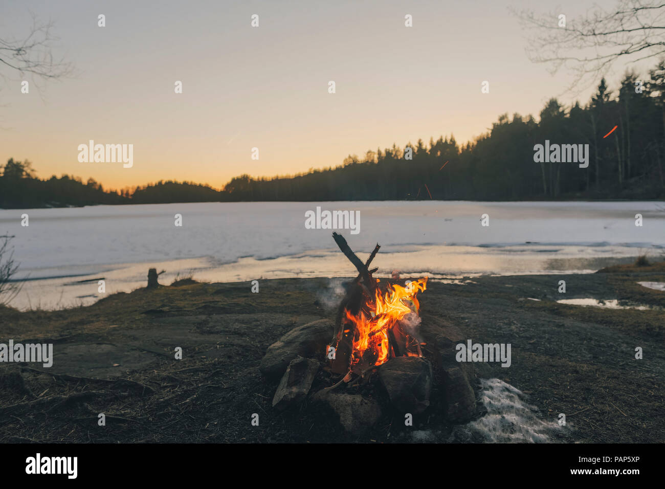 Sweden, Sodermanland, campfire at lakeside in winter Stock Photo - Alamy