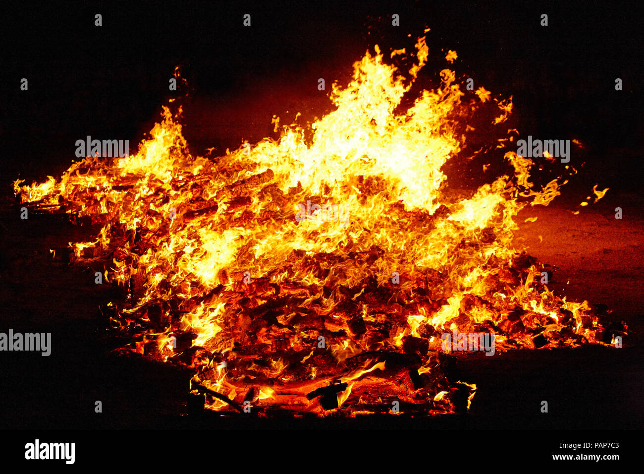 Summer solstice celebration in Spain. Fire flames detail. Horizontal ...