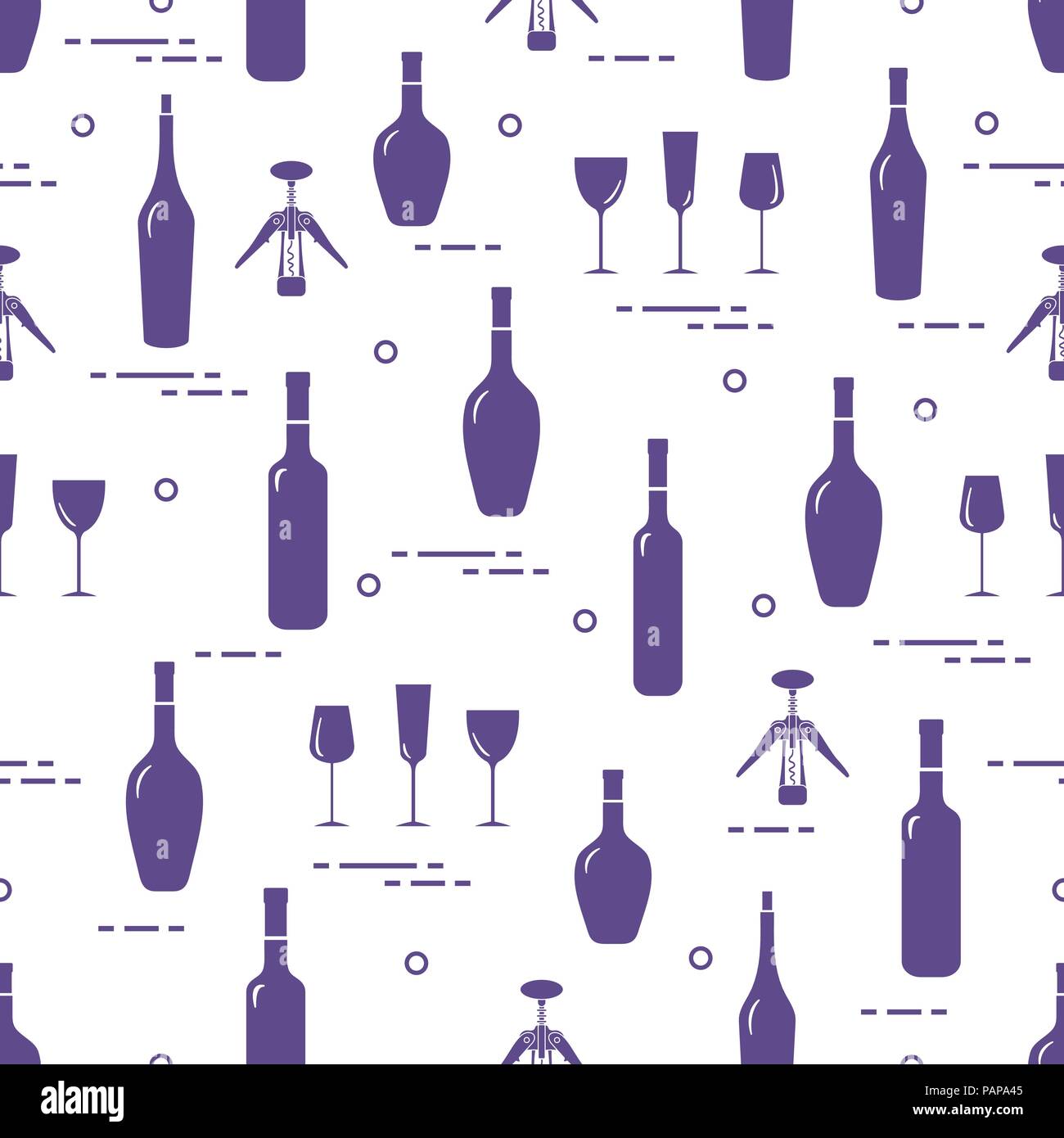 Seamless pattern of wine glasses, corkscrew, bottles of wine. Wine ...