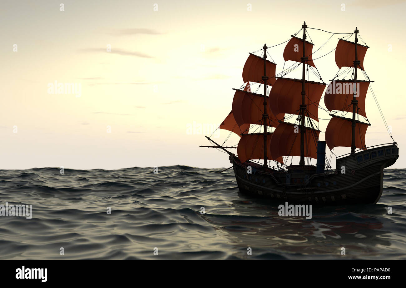 3d rendering of the ship with red sails in the ocean Stock Photo - Alamy