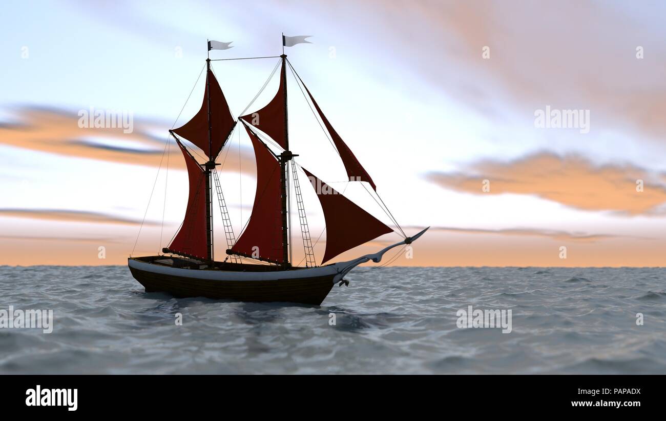 3d rendering of the sails ship with red sails Stock Photo - Alamy