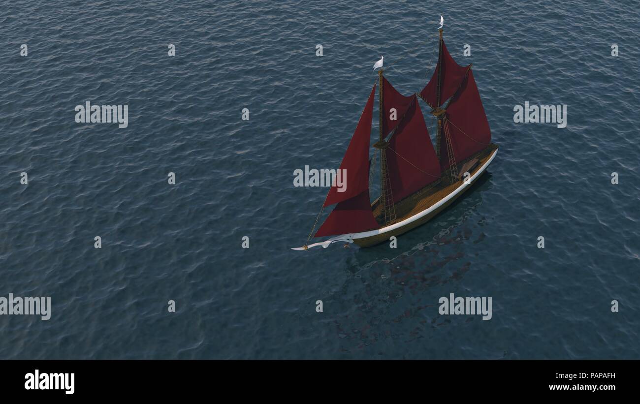3d rendering of the sails ship with red sails Stock Photo - Alamy