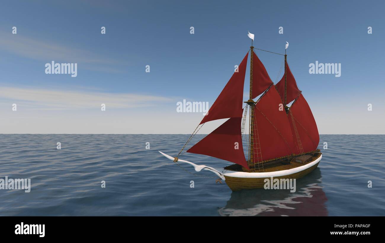 3d rendering of the sails ship with red sails Stock Photo - Alamy