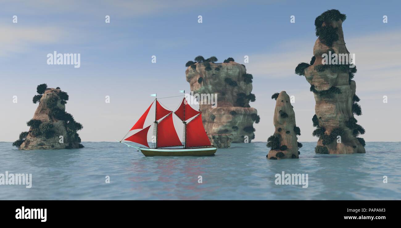 3d rendering of the sails ship with red sails Stock Photo - Alamy