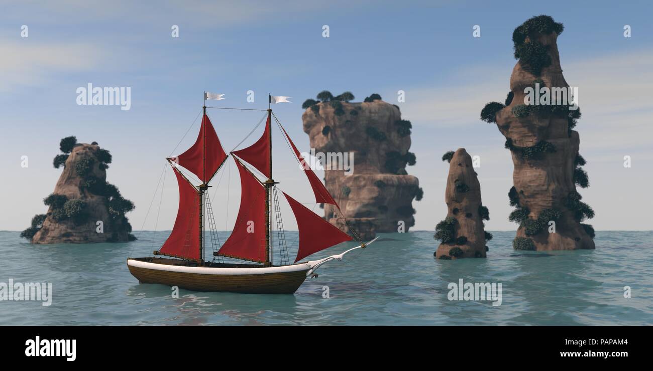 3d rendering of the sails ship with red sails Stock Photo - Alamy