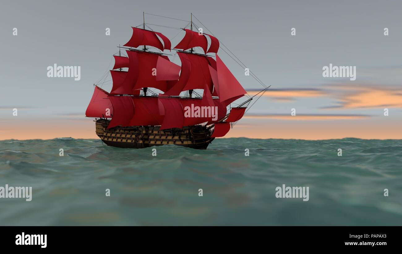 3d rendering of the sails ship with red sails Stock Photo - Alamy