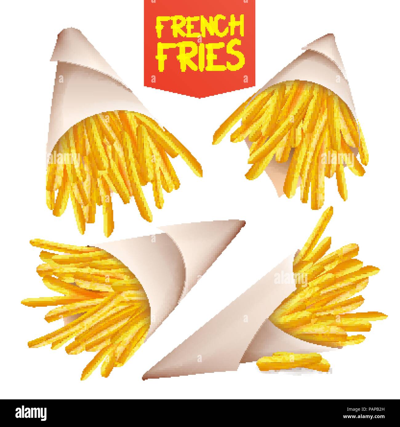 French Fries Potatoes Vector. Paper Bag, Cone. Tasty Fast Food Potato ...