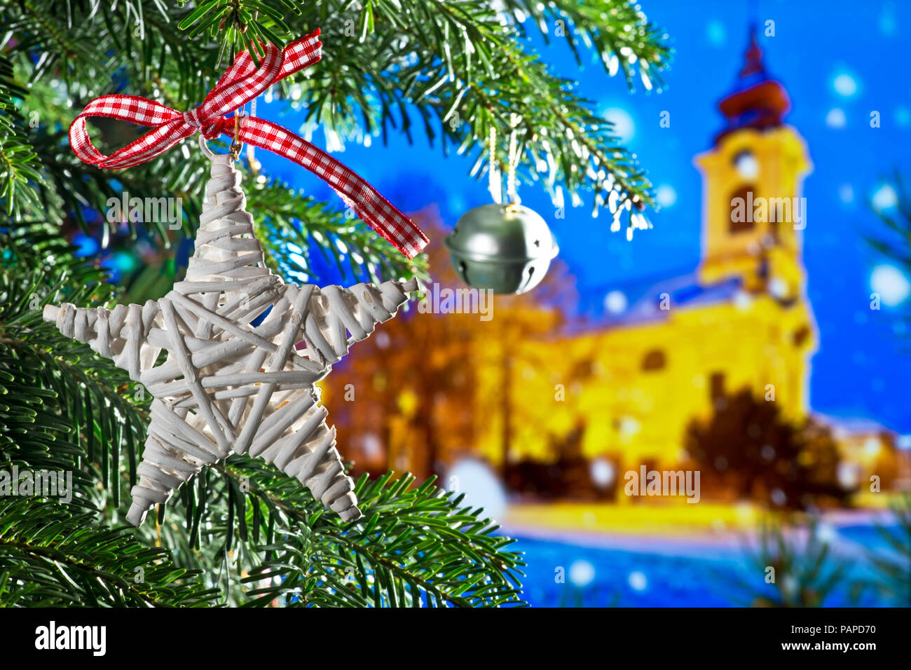 Christmas Background with Christmas Star on the Tree Stock Photo - Alamy
