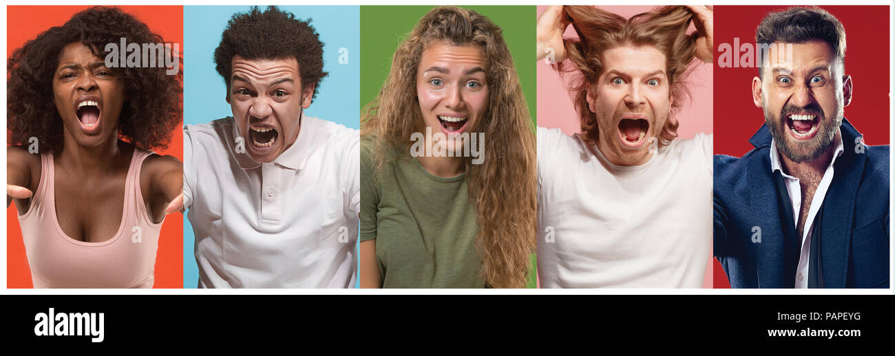 Angry people screaming. The collage of different human facial ...