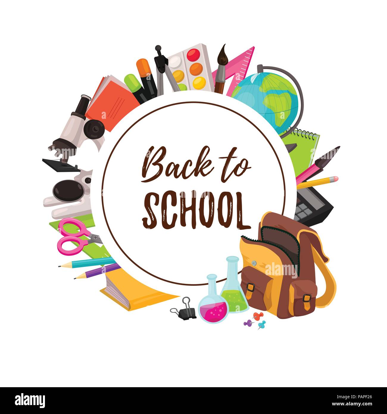 Hand drawn school objects in circle composition around text. Vector ...