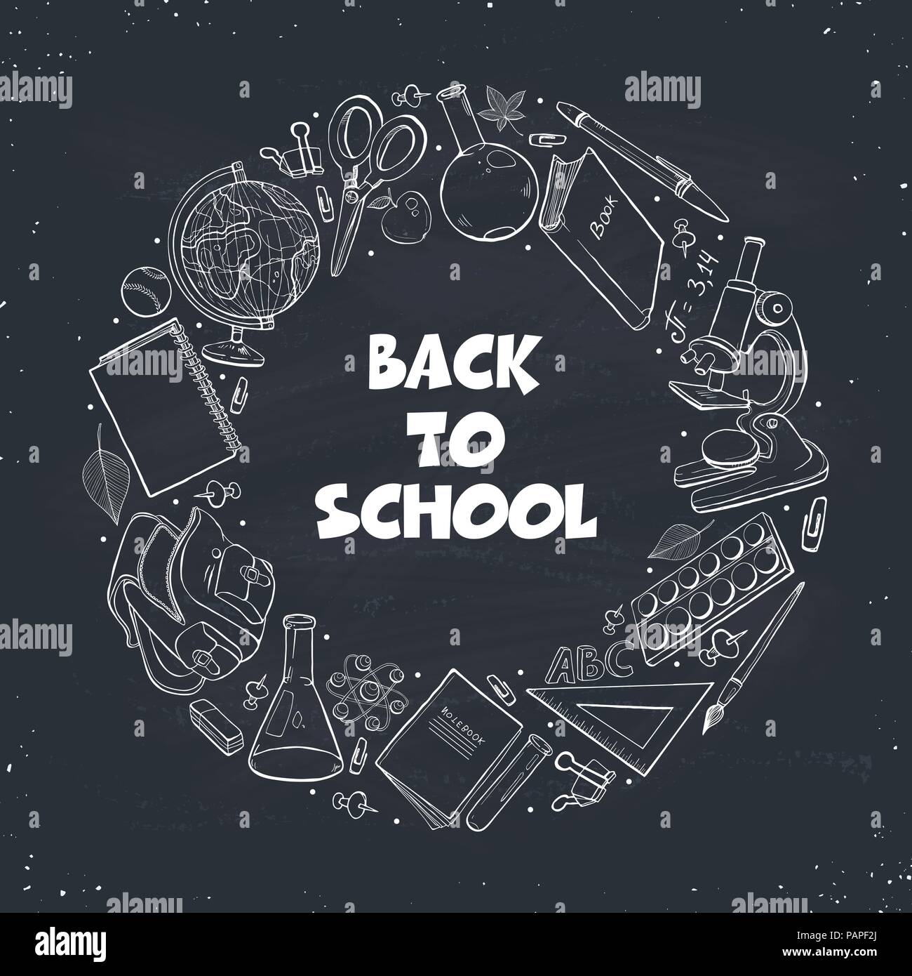 Hand drawn school objects in circle frame. Vector illustration of ...