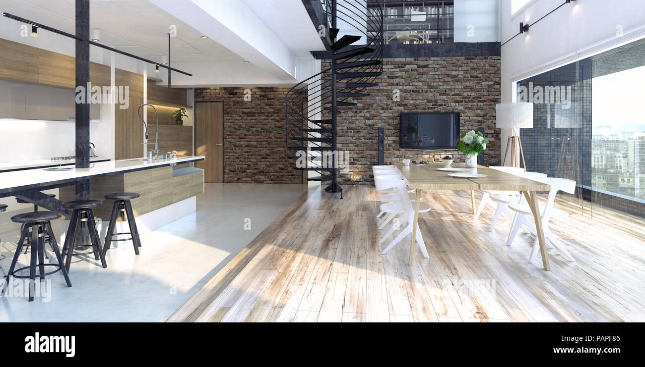 Luxury modern loft apartment interior. 3d rendering concept Stock Photo ...
