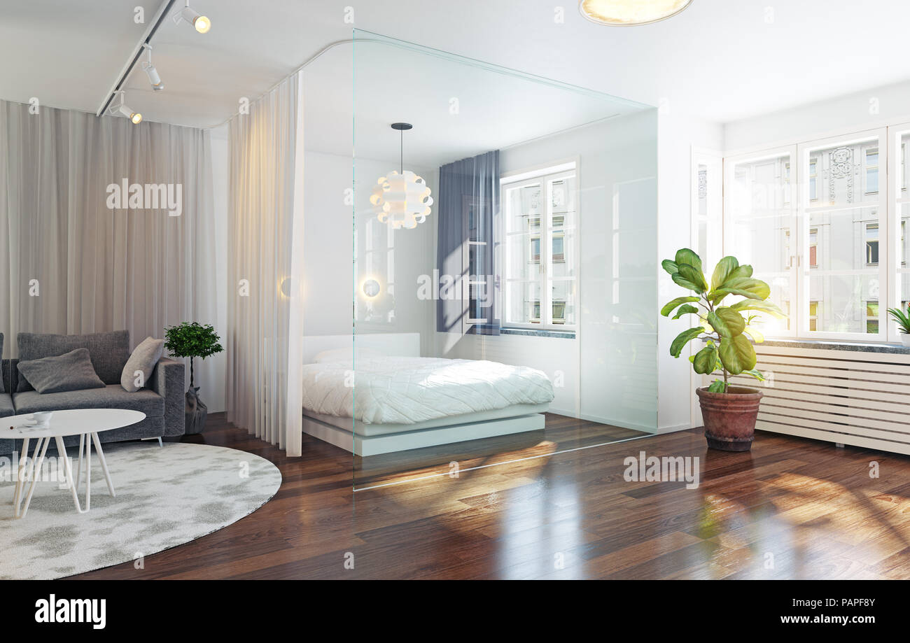 Glass wall bed zone in the studio interior. 3d concept rendering Stock ...