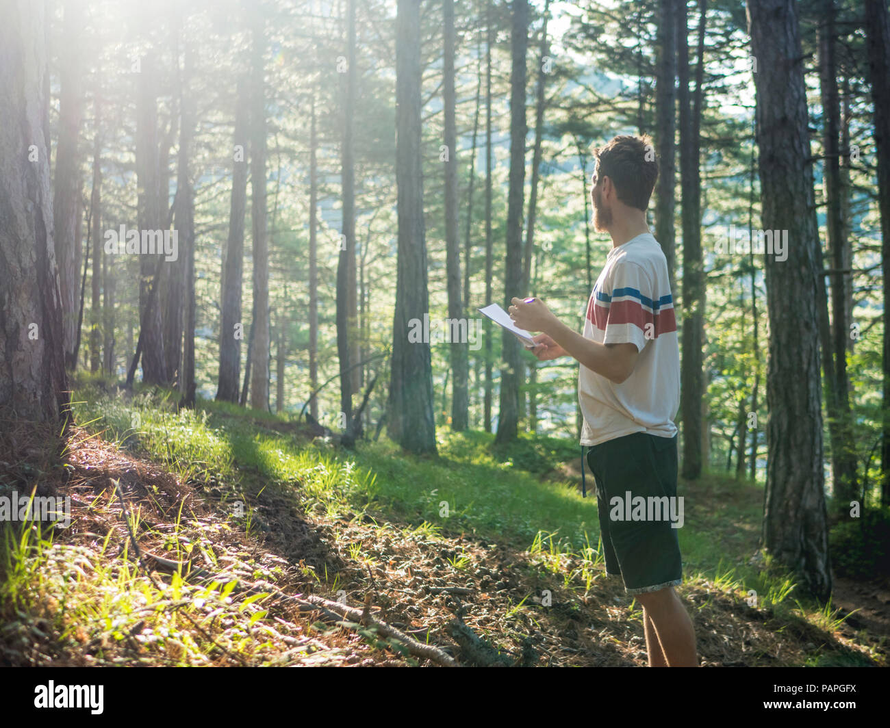 young man poet walking in the forest under the sunshine and write ...
