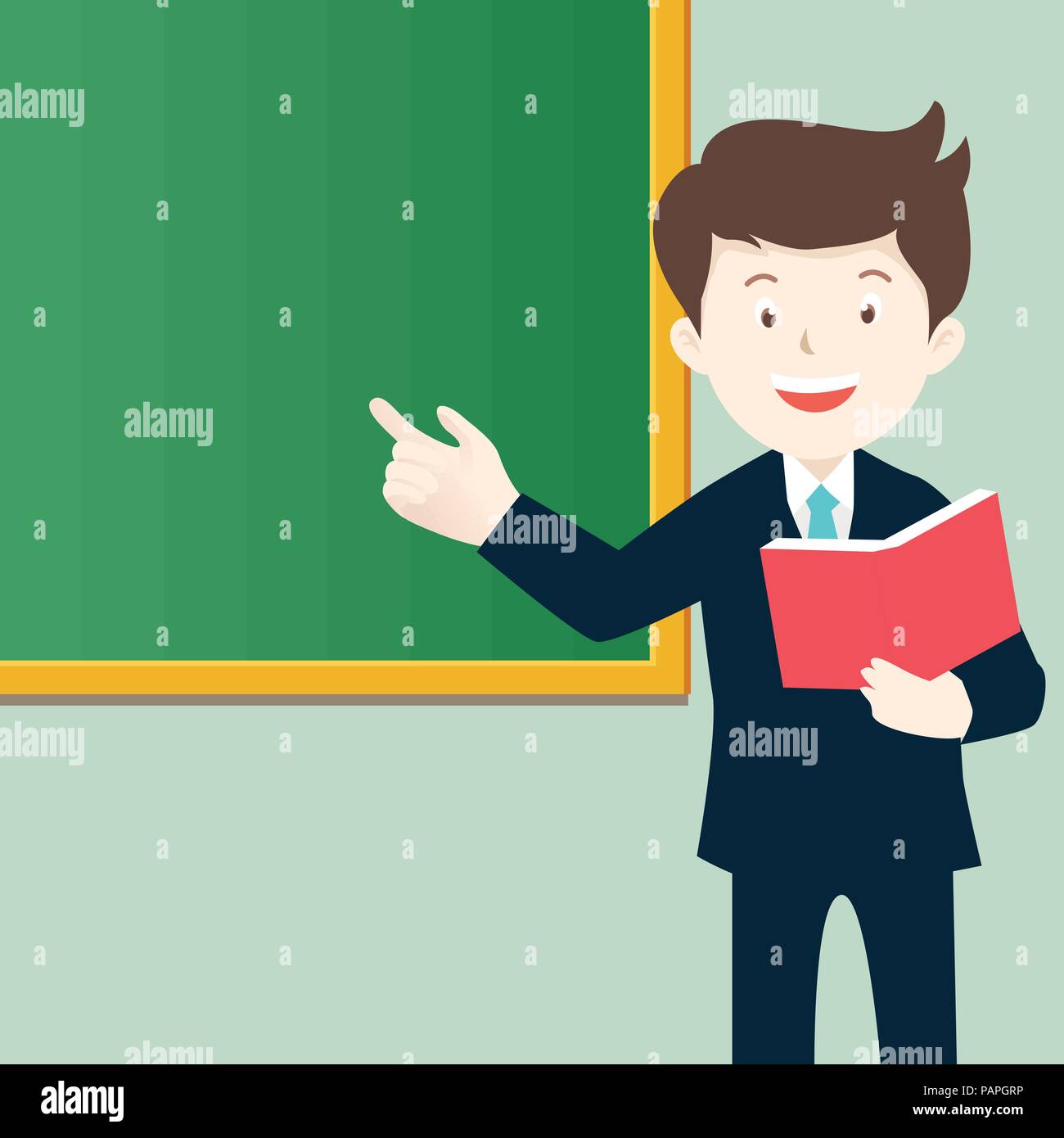 Young Teacher Standing and holding book. Male school teacher pointing ...