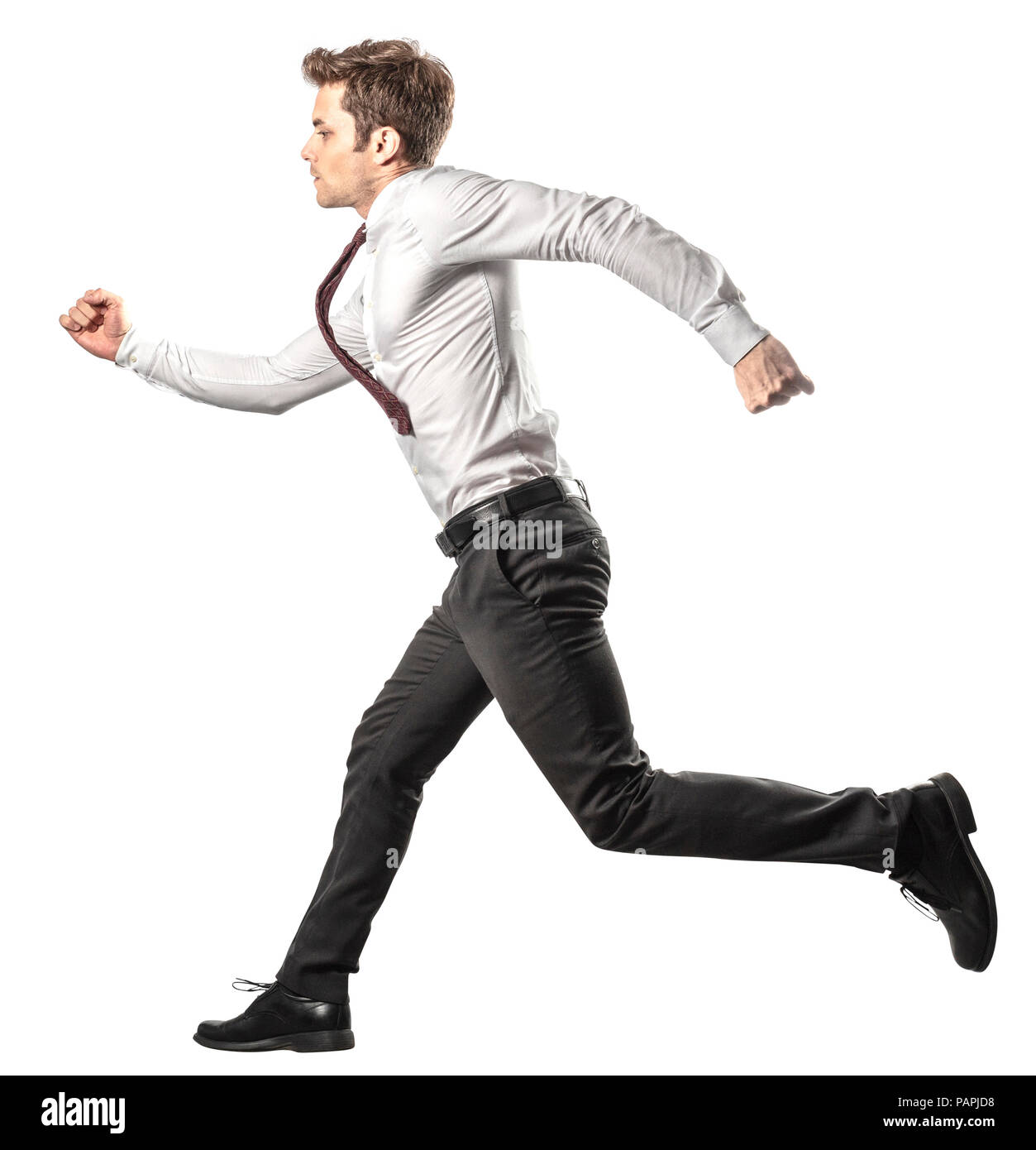 running caucasian worker on white background Stock Photo - Alamy