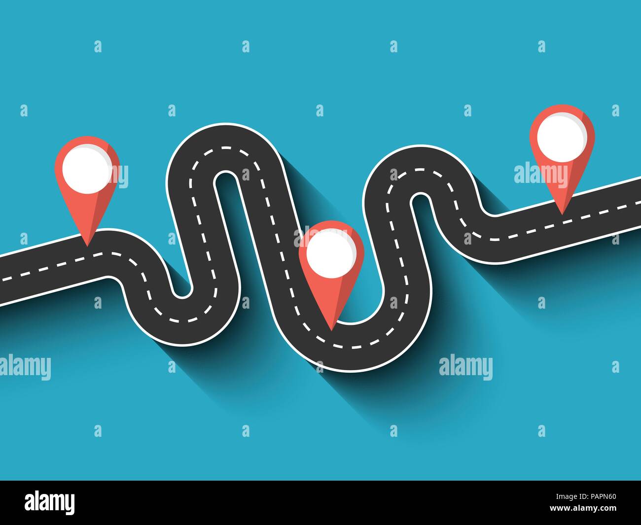 Road way location infographic template with pin pointer. Winding road ...