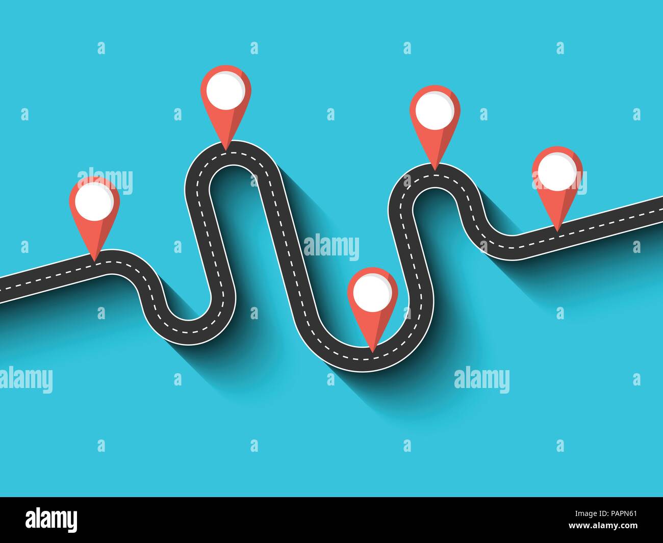 Road way location infographic template with pin pointer. Winding road ...