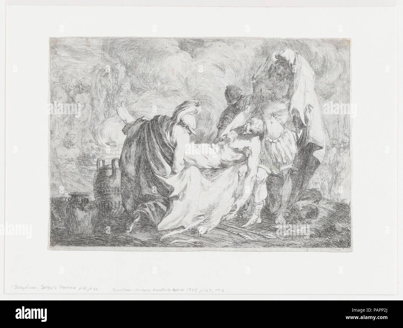 Patroclus being carried to his funeral pyre as Achilles places a lock ...