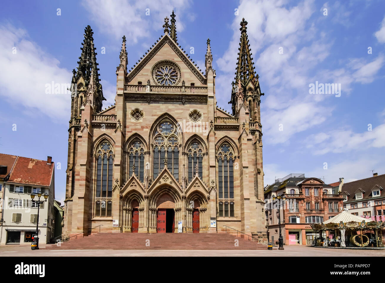 Mulhouse cathedral by market square in Mulhouse, Alsace, France Stock ...