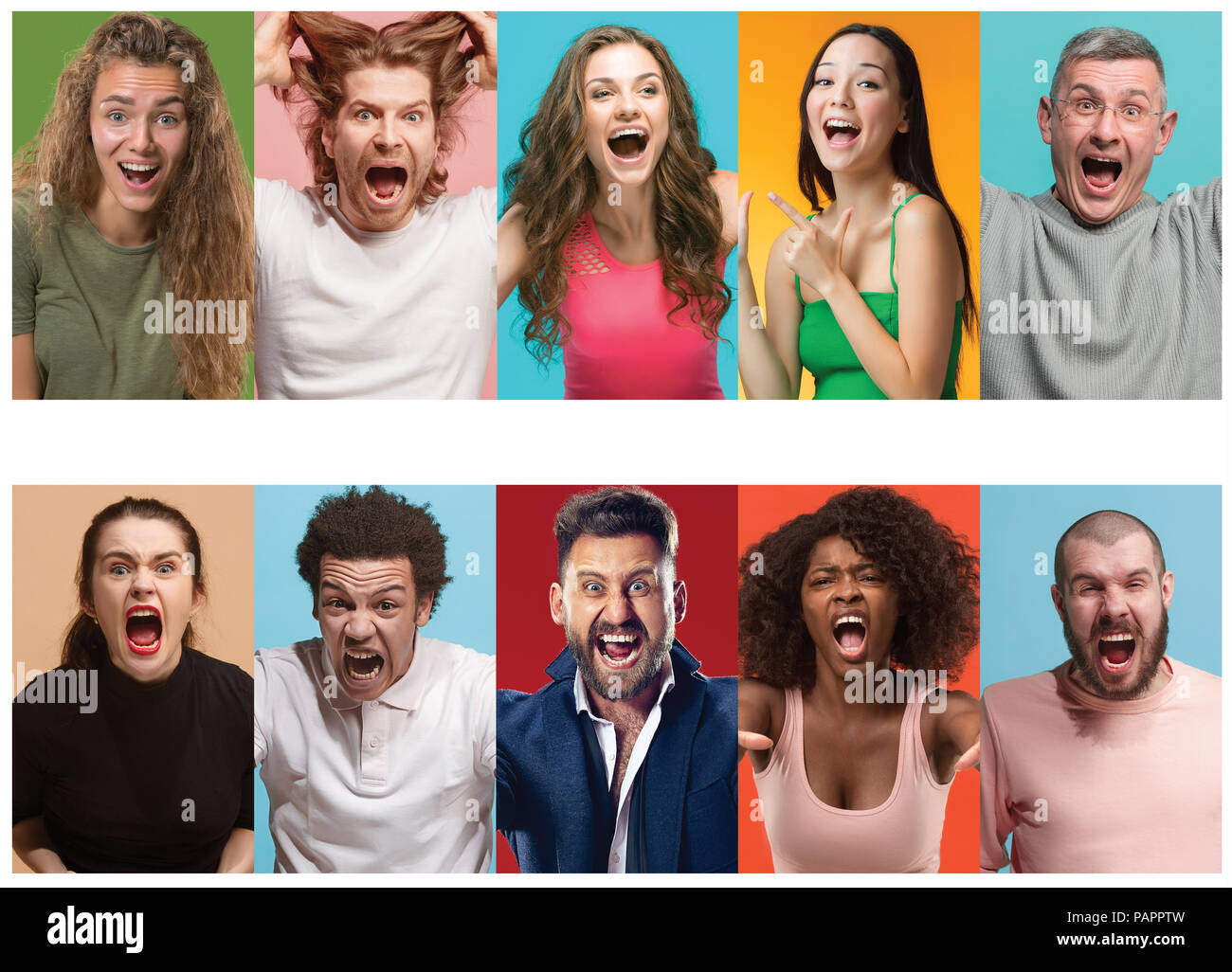 Angry people screaming. The collage of different human facial ...