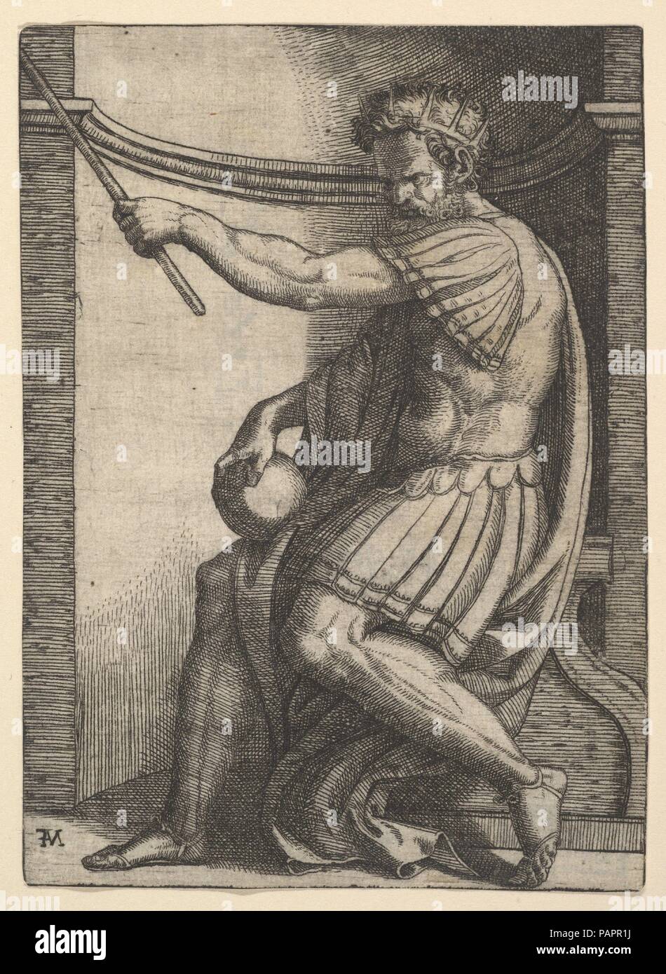 A Roman emperor sitting in a niche holding a sceptre in his raised left ...