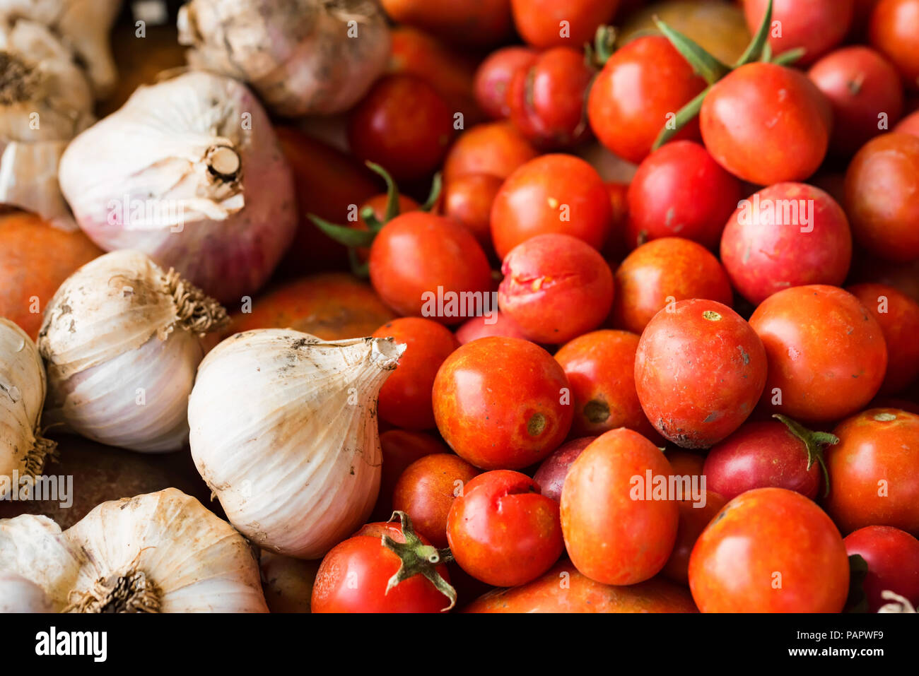 Top view freshly picked tomatoes and garlic Stock Photo - Alamy