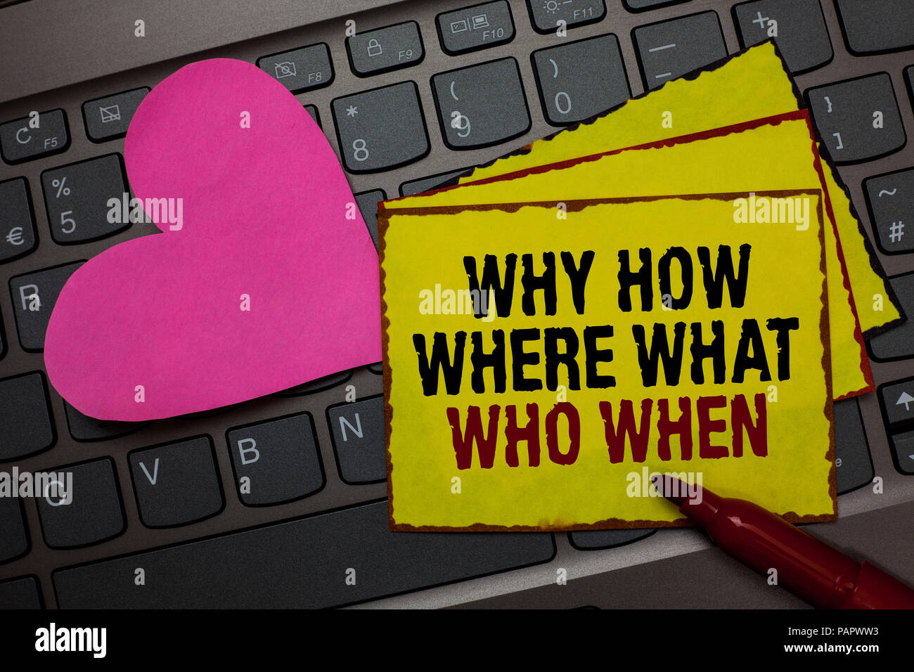 Writing note showing Why How Where What Who When. Business photo ...