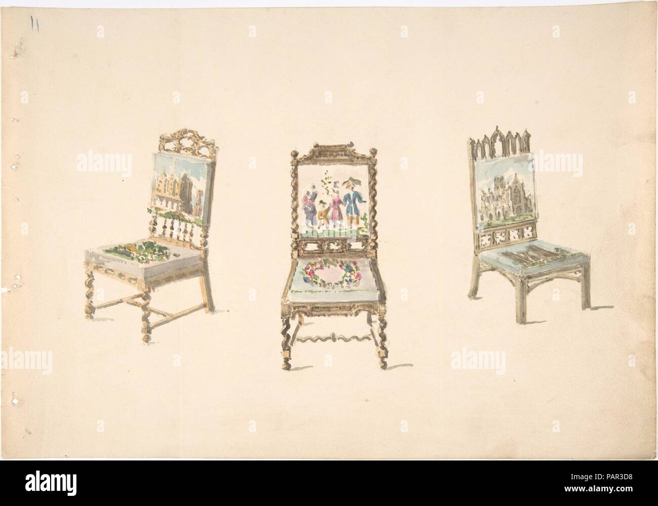 Design for Three Chairs with Pictorial Upholstery. Artist: Anonymous ...