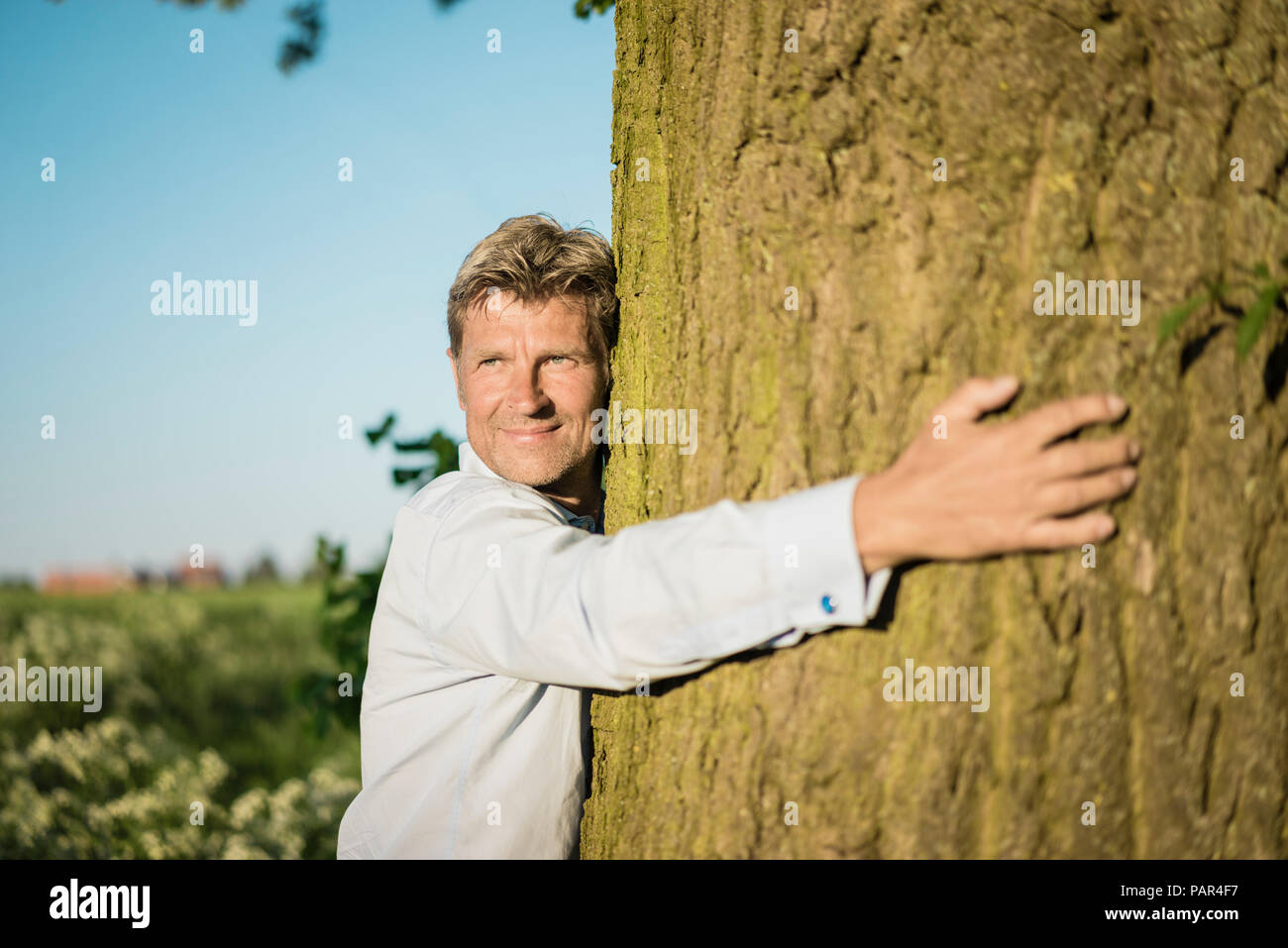 Man tree hugging Stock Photo - Alamy