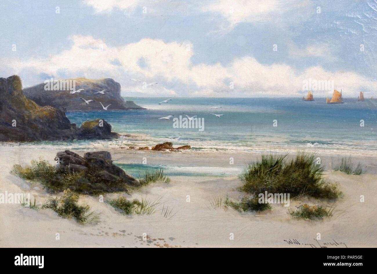Langley William - a Beach Scene with Fishing Boats in the Distance ...