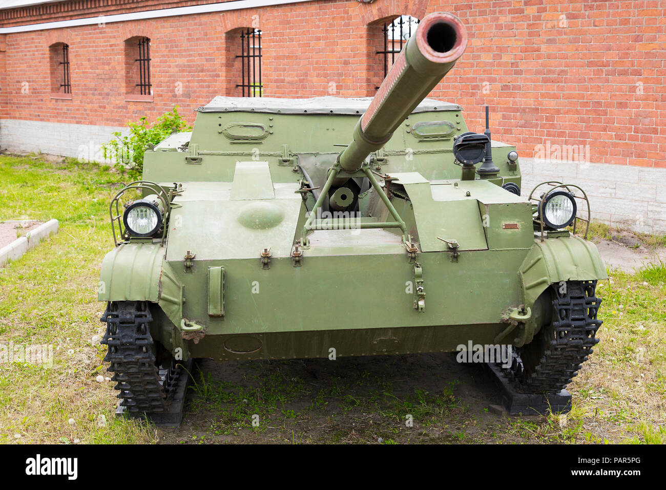 Old Russian self-propelled gun on the stand of the state Museum Stock ...
