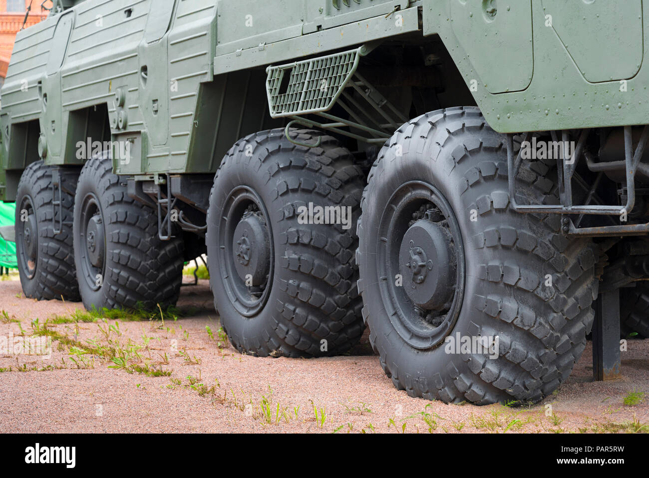 Rubber wheels close-up of military equipment. The wheelbase of the ...