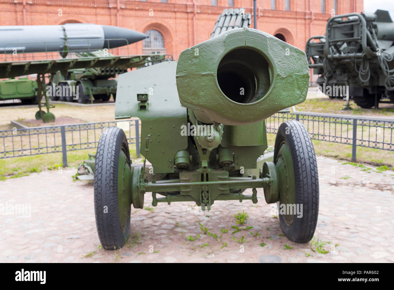 Gun barrel close-up of Soviet weapons. Museum of artillery Stock Photo ...