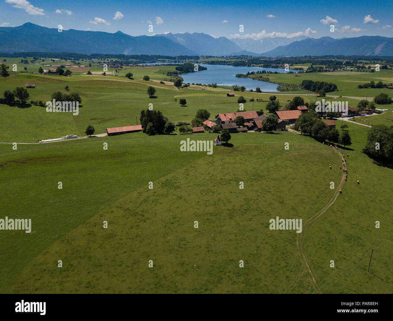 Aerial view, Riegsee and Ammergau Alps, Blue Land, Alpine foothills ...