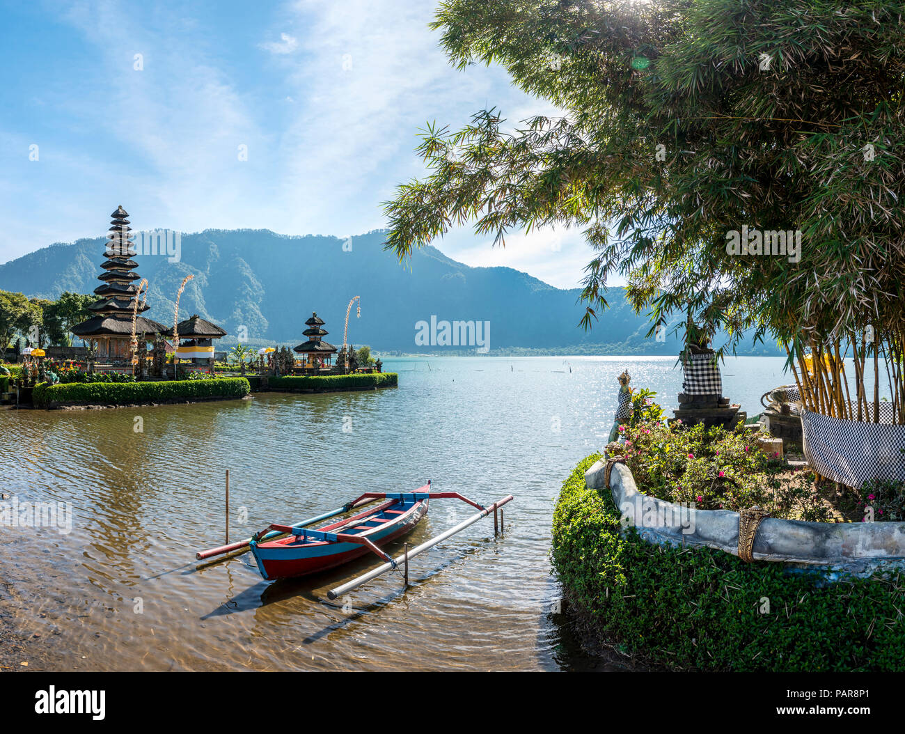 Boat at the Buddhist water temple Pura Ulun Danu Bratan, Bratan Lake ...