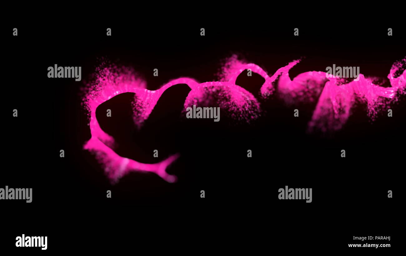 Abstract many flying particles in space, particles move along curve ...