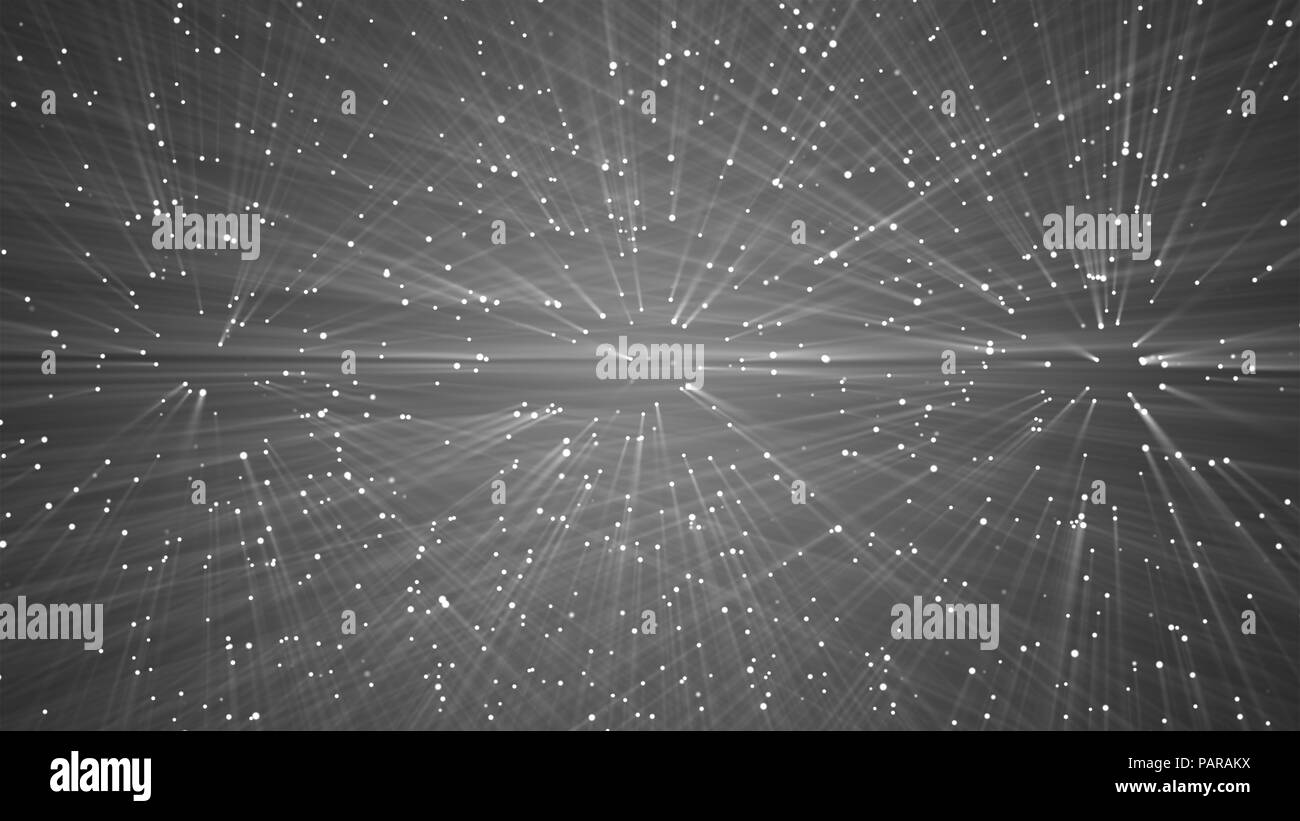 Many bright rays of light in dark space, abstract computer generated ...