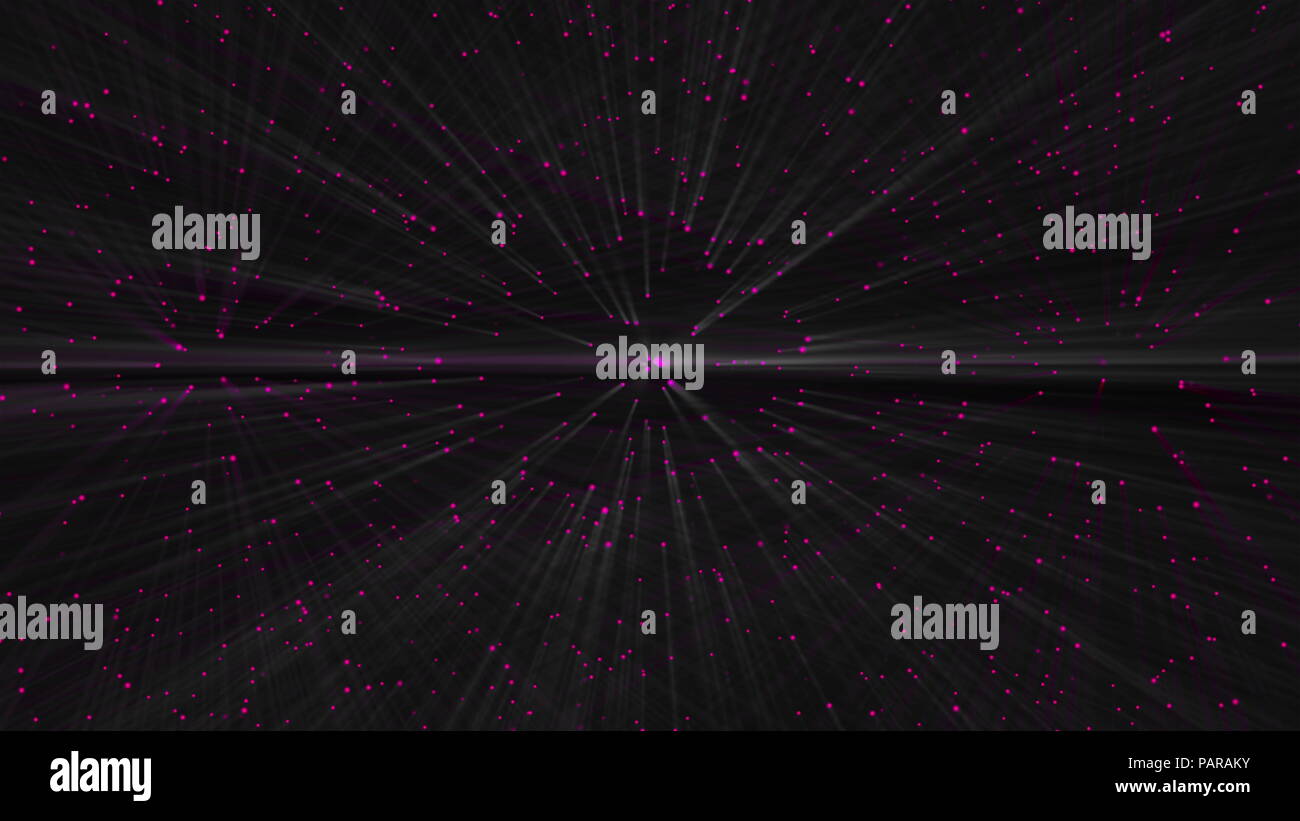 Many bright rays of light in dark space, abstract computer generated ...