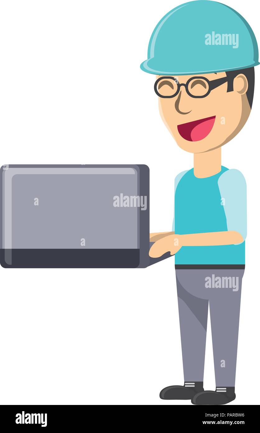 cartoon man with laptop computer icon over white background, vector ...